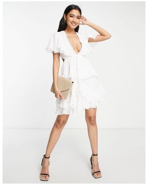 Asos Dobby Tiered Mini Dress With Lace Insert And Open Back In White