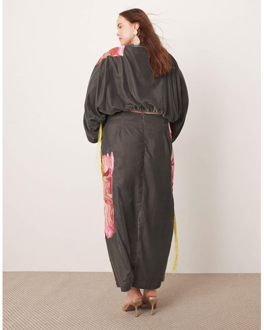 ASOS Curve Velvet Embroidered Maxi Dress With Fringe Detail in Brown | Lyst