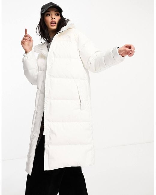 The North Face Nuptse Long Down Puffer Coat in White | Lyst UK