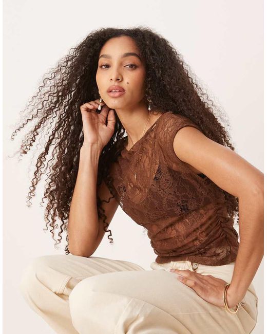 ASOS Sheer Lace Off Shoulder Ruched Side Top in Brown | Lyst UK
