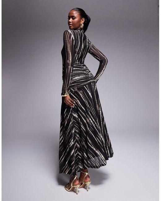 Bardot Printed Sheer Mesh Maxi Dress With Twist Side in Gray | Lyst