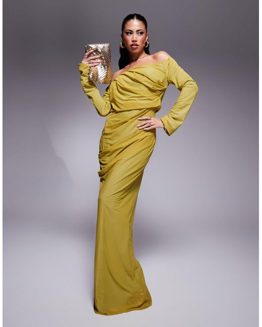 ASOS Stretch Chiffon Long Sleeve Bardot Maxi Dress in Yellow | Lyst