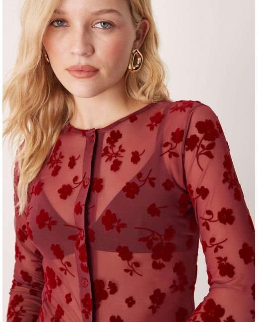 ASOS Sheer Floral Burn Out Cardigan in Red | Lyst