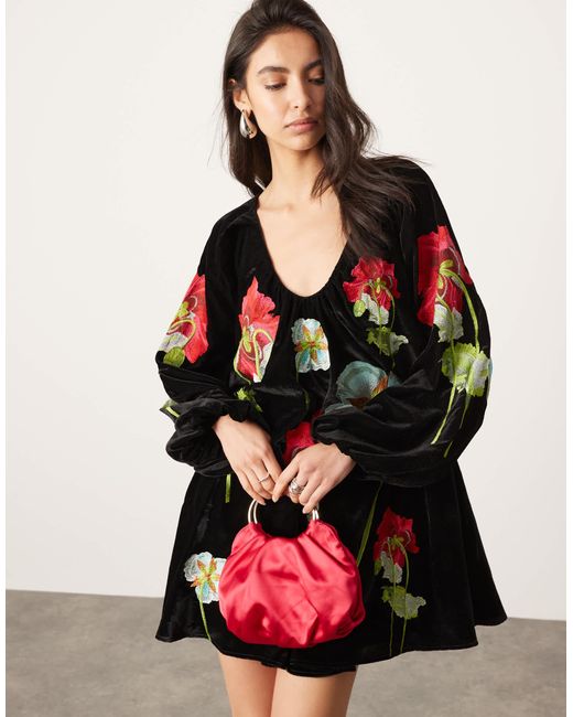 ASOS Velvet Embroidered Floral Plunge Neck Full Mini Dress in Black | Lyst