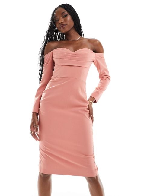 Lavish Alice Off-shoulder Midi Dress in Pink | Lyst