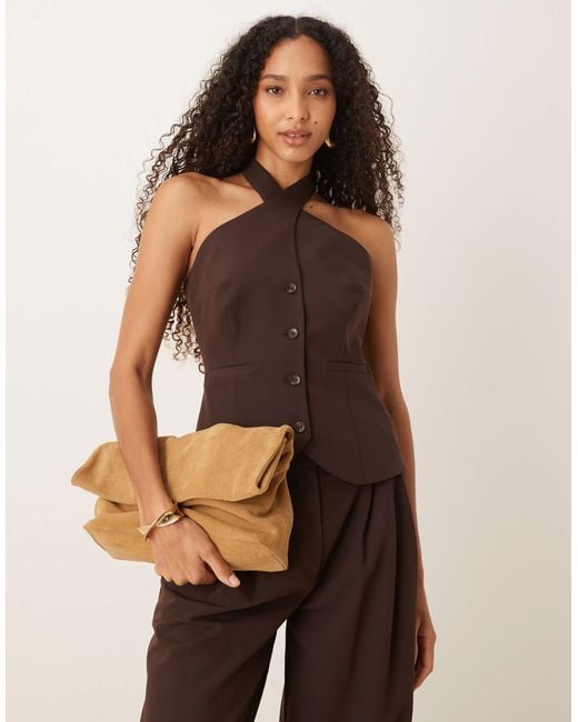 ASOS Tailored Crossover Halter Neck Waistcoat in Brown | Lyst
