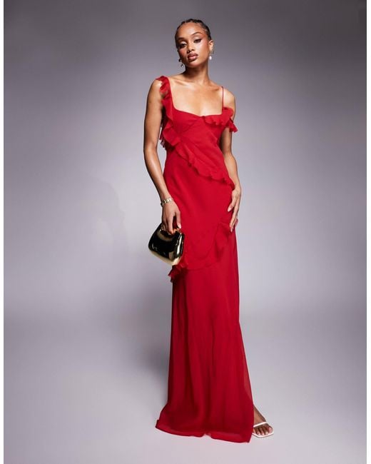 ASOS Asos Design Tall Raw Edge Frill Maxi Dress With Tie Back in Red | Lyst