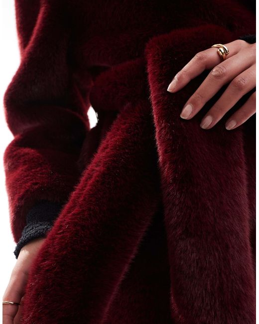 ASOS Asos Design Tall Longline Belted Faux Fur Coat in Red | Lyst