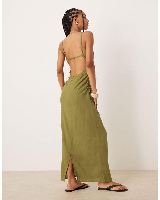 ASOS Linen Mix Maxi Sundress With Bralet Cut Out in Natural | Lyst