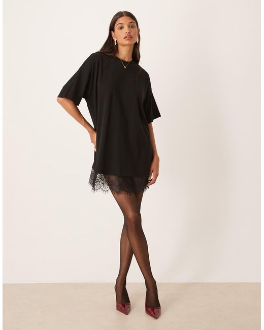 ASOS Oversized Mini Dress With Lace Hem Trim in Natural | Lyst UK