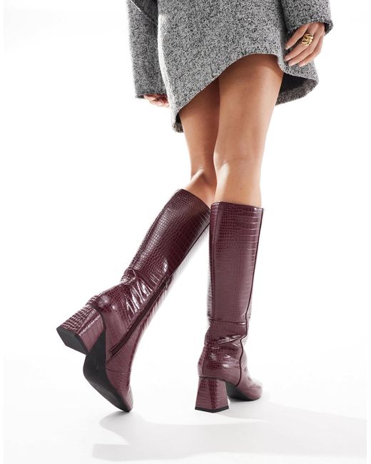 London Rebel Lara Mid Block Heel Knee Boots in Red | Lyst