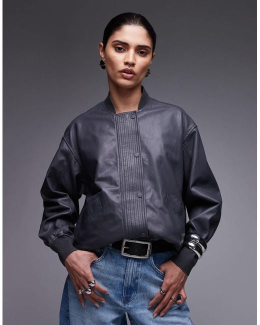 AllSaints Sofi Leather Bomber Jacket in Gray | Lyst