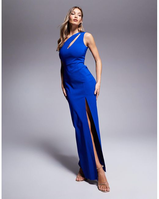 Vesper One Shoulder Cut Out Detail Front Split Maxi Dress in Blue | Lyst