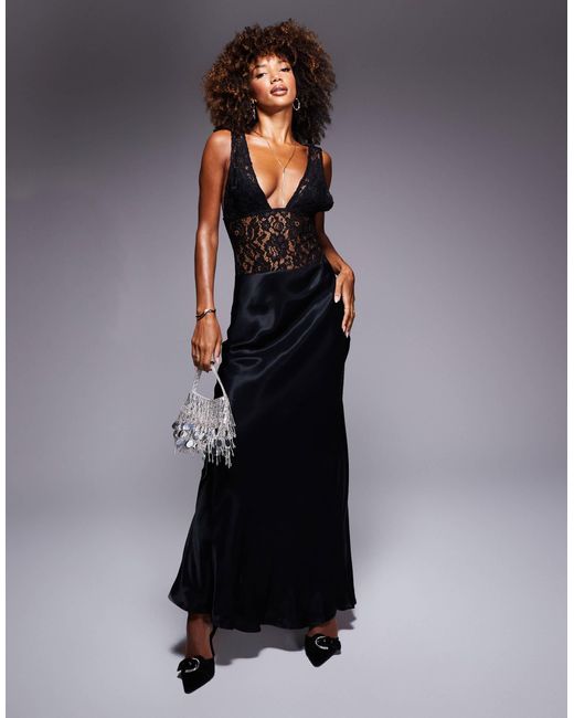 ASOS Satin Lace Mix Contrast Maxi Dress in Gray | Lyst