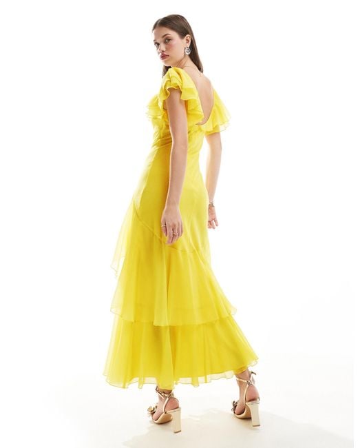 ASOS Ruffle Midi Dress With Flutter Sleeves in Yellow | Lyst
