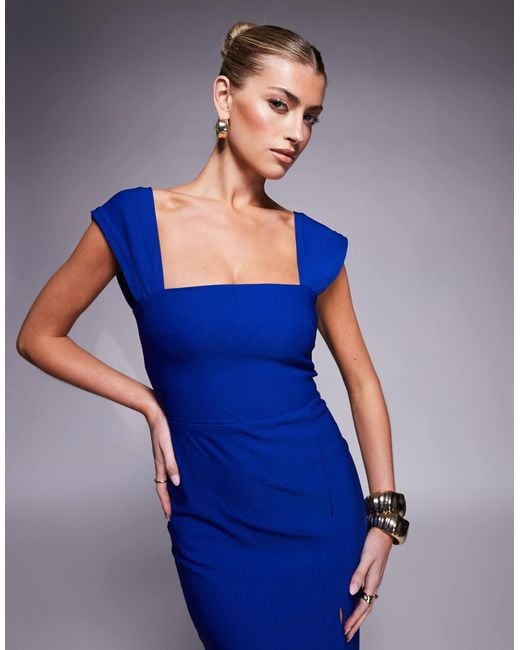 Robe mi-longue en bengaline avec encolure carrée et fente sur la cuisse Vesper en coloris Bleu ...