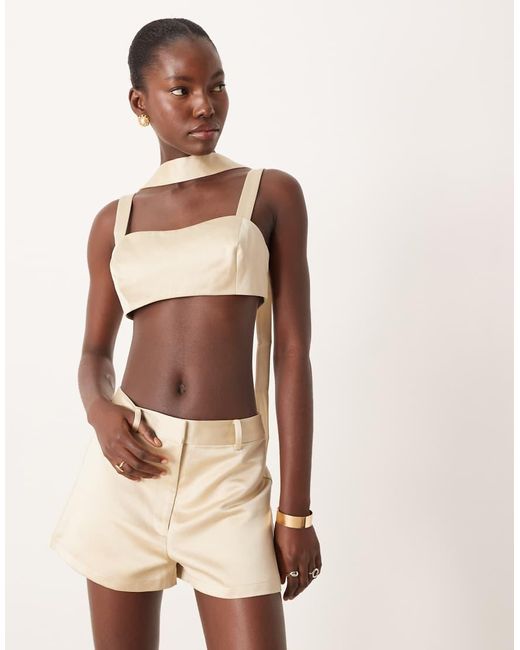 ASOS Tailored Satin Crop Top With Scarf Detail in Natural | Lyst UK