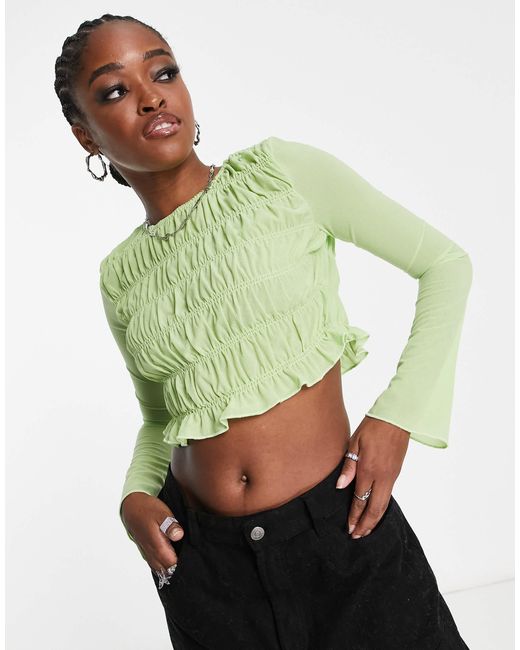 The Frolic Exclusive Shirred Fluted Sleeve Crop Blouse in Green | Lyst