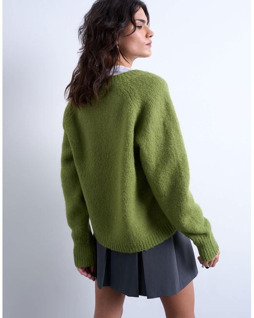 TOPSHOP Knitted Wool Blend Fluffy V Neck Jumper in Green | Lyst