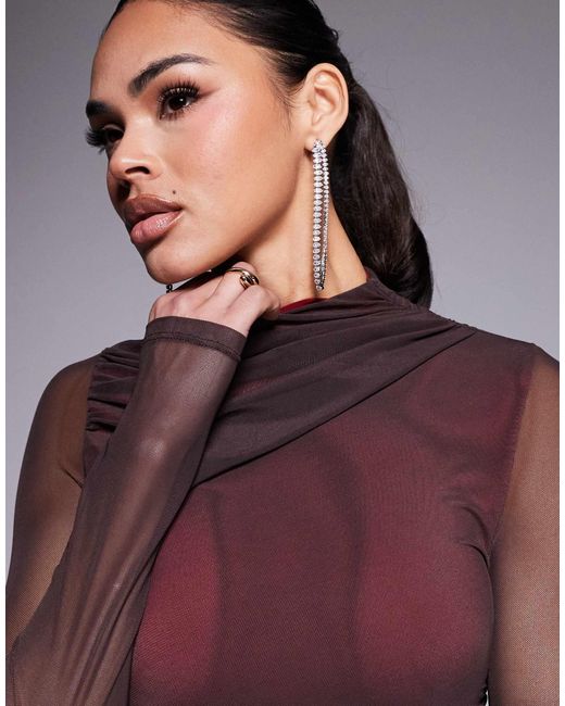 ASOS Long Sleeve Ruched Mesh Maxi Dress With Contrast Lining in Purple ...