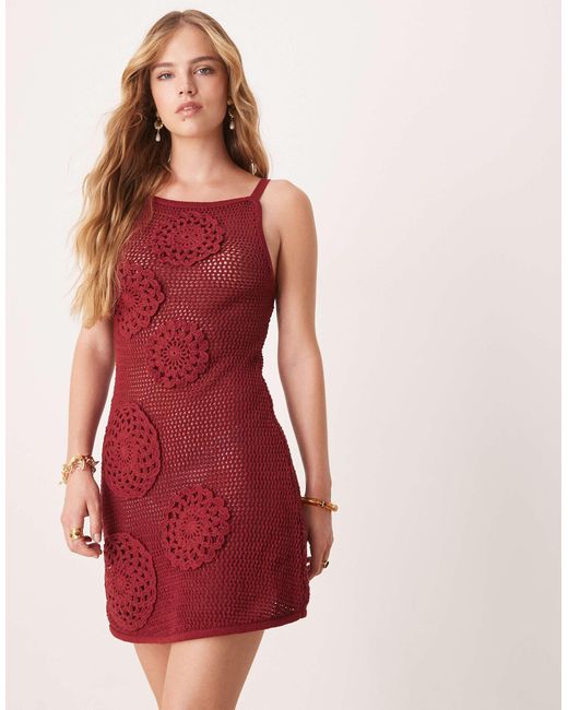 ASOS Knitted Mini Dress With Crochet Applique in Red | Lyst