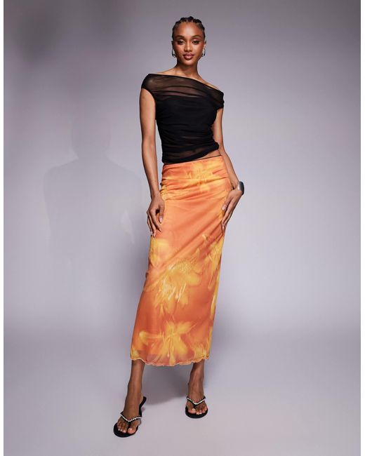 ASOS Asos Design Tall Mesh Midi Skirt in Orange | Lyst