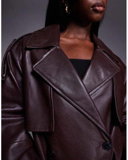 ASOS Real Leather Strong Shoulder Trench Coat in Brown | Lyst UK