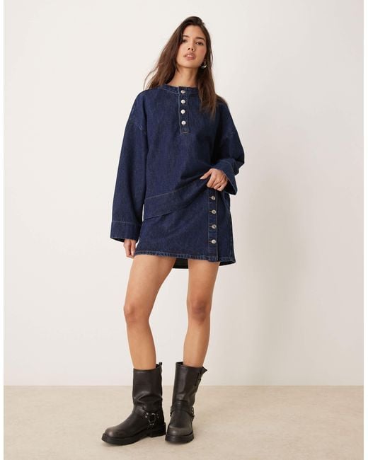 ASOS Denim Button Up Henley Top in Blue | Lyst