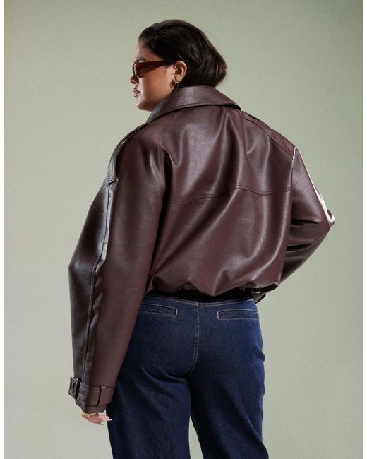 ASOS Asos Design Curve Leather Look Bomber Trench Coat in Brown | Lyst