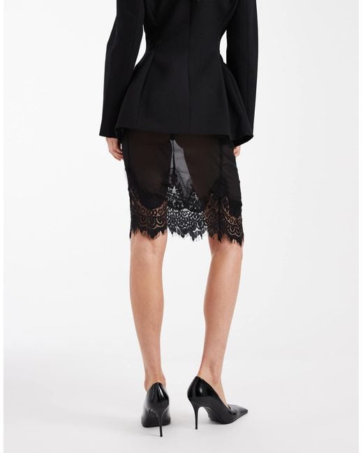 ASOS Chiffon Sheer Lace Trim Midi Skirt in Black | Lyst
