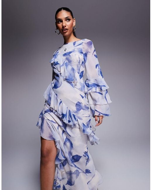 ASOS Ruffle Bias Maxi Dress With Extreme Tiered Sleeve in Blue | Lyst