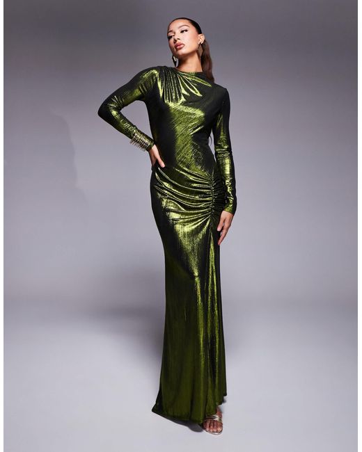 ASOS High Neck Metallic Maxi Dress With Ruched Skirt Detail in Green | Lyst