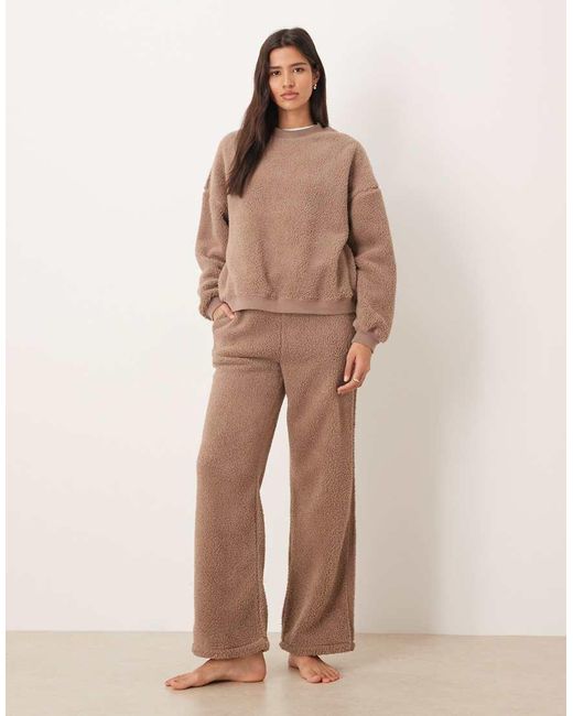 ASOS Lounge Cuddle Crew Neck Sweat & Wide Leg Pants Set in Natural ...