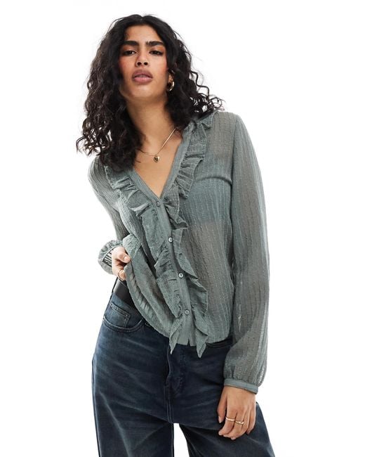 Stradivarius Ruffle Shirt in Gray | Lyst