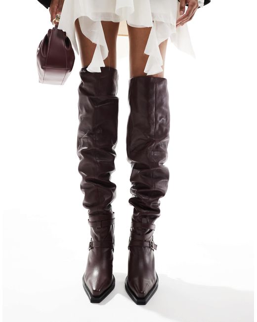 ASOS Kingfisher Leather Ruched Over The Knee Boots With Buckles in Red ...