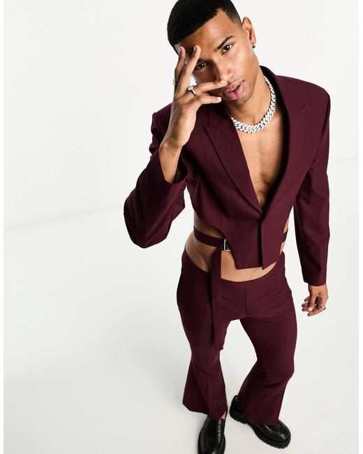 ASOS Skinny V-hem Supercrop Belted Suit Jacket in Red for Men | Lyst