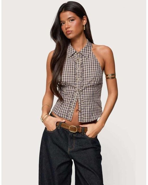 Edikted Imrie Plaid Collared Halter Top in Grey | Lyst UK