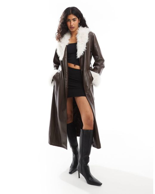 ASOS Faux Fur Collar And Cuff Longline Leather Look Coat in Natural | Lyst