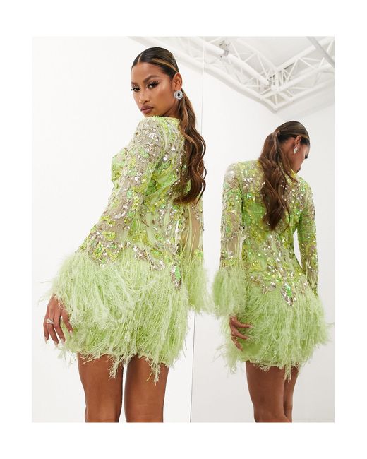 ASOS Embellished Sequin And Fringe Mini Dress With Faux Feather Hem in Green | Lyst