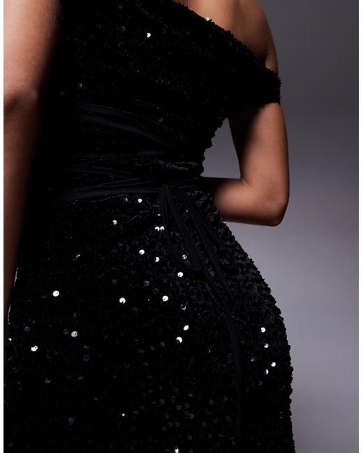 ASOS Velvet Sequin Twist Shoulder With Lace Up Back Maxi Dress in Black ...