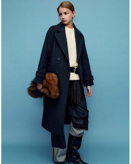 Stradivarius Long Soft-Touch Oversize Coat in Blue | Lyst UK