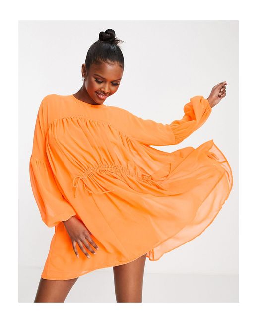 Asos Neon Oversized Mini Smock Dress With Gathered Waist In Orange