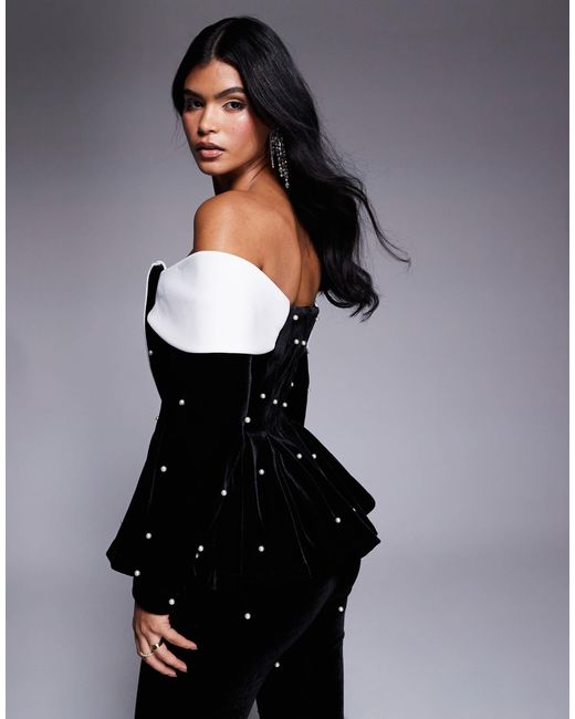 ASOS Pearl Embellished Velvet Co-ord Off Shoulder Tailored Blazer in Black | Lyst