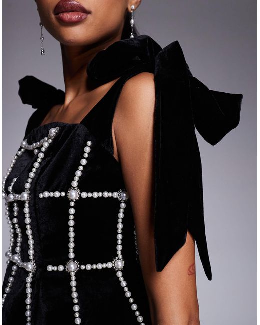 ASOS Velvet Pearl Embellished Caged Mini Dress With Bow Straps in Black | Lyst