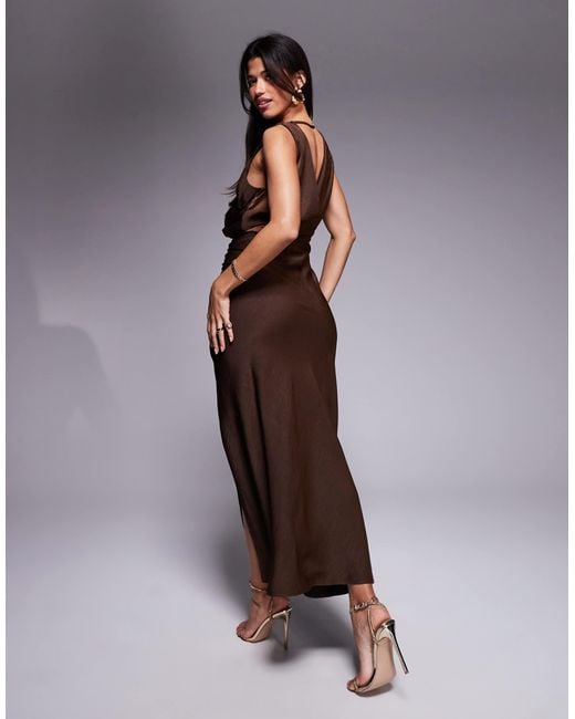 ASOS Drape Front Split Detail Maxi Dress in Brown | Lyst