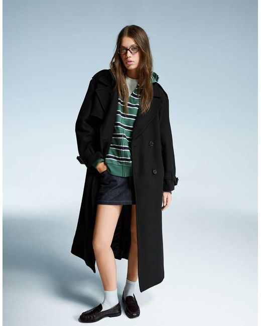 Bershka Oversize Felt Texture Trench Coat in Black | Lyst UK