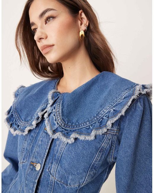 ASOS Denim Jacket With Frill Collar And Seam Detail Co-ord in Blue | Lyst