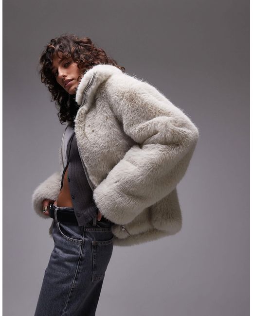 TOPSHOP Faux Fur Zip Through Short Coat With Funnel Neck in White | Lyst