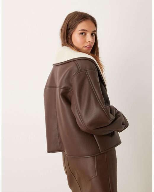 ASOS Shawl Collar Cropped Shearling Jacket in Brown | Lyst