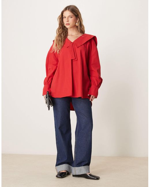 ASOS Poplin Oversized Tie Front Collar Blouse in Red | Lyst